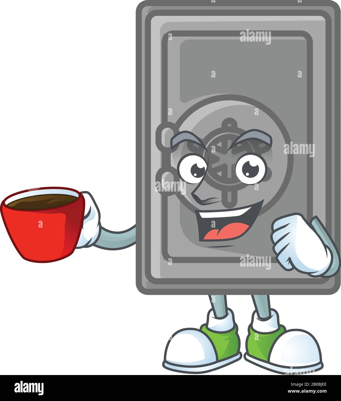 Cool security box closed cartoon character with a cup of coffee Stock ...