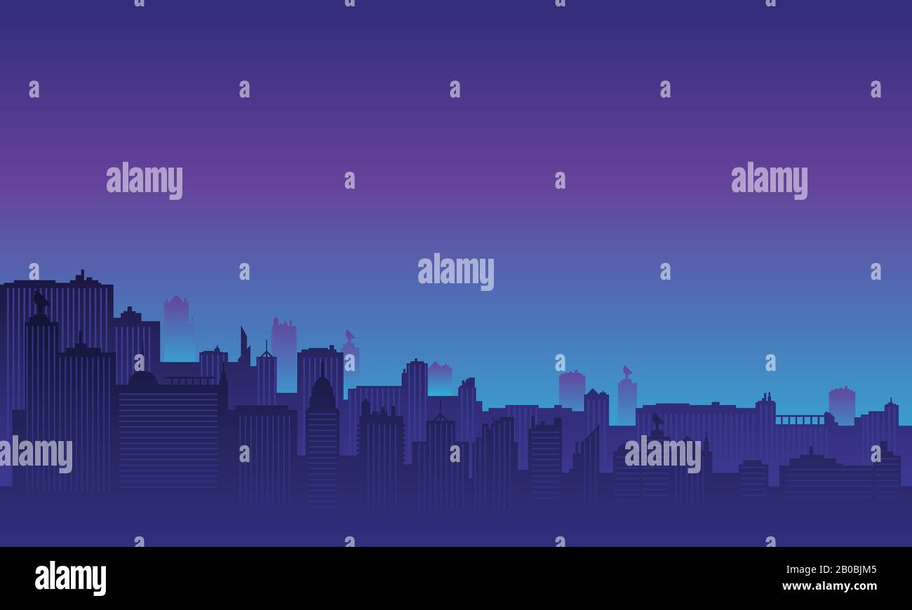 Silhouette of the city with purple sky gradient Stock Vector Image ...