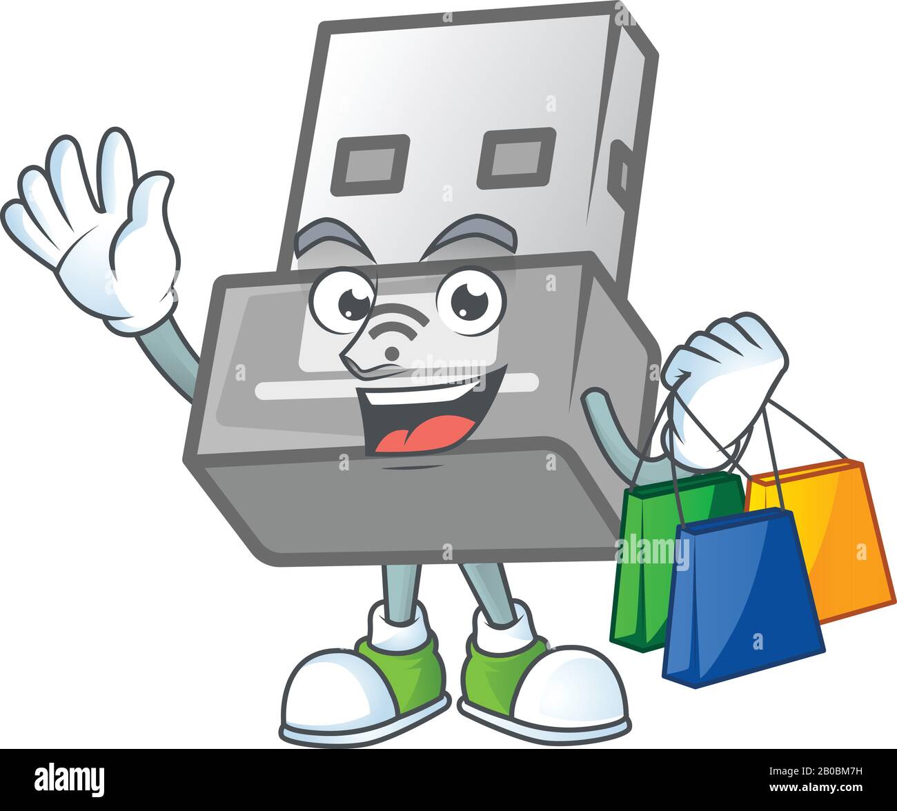 A rich USB wireless adapter cartoon design waving and holding Shopping ...