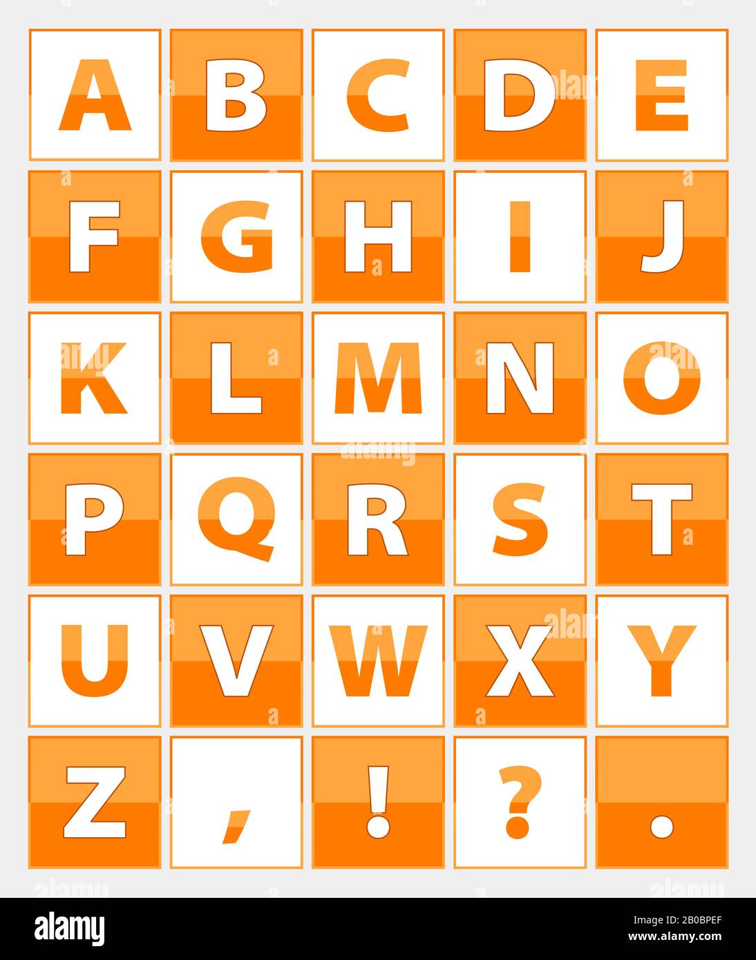 The letter Alphabet, made white and orange. Each letter is in the frame ...