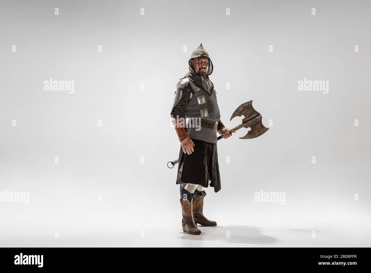 Brave armored knight with professional weapon fighting isolated on ...
