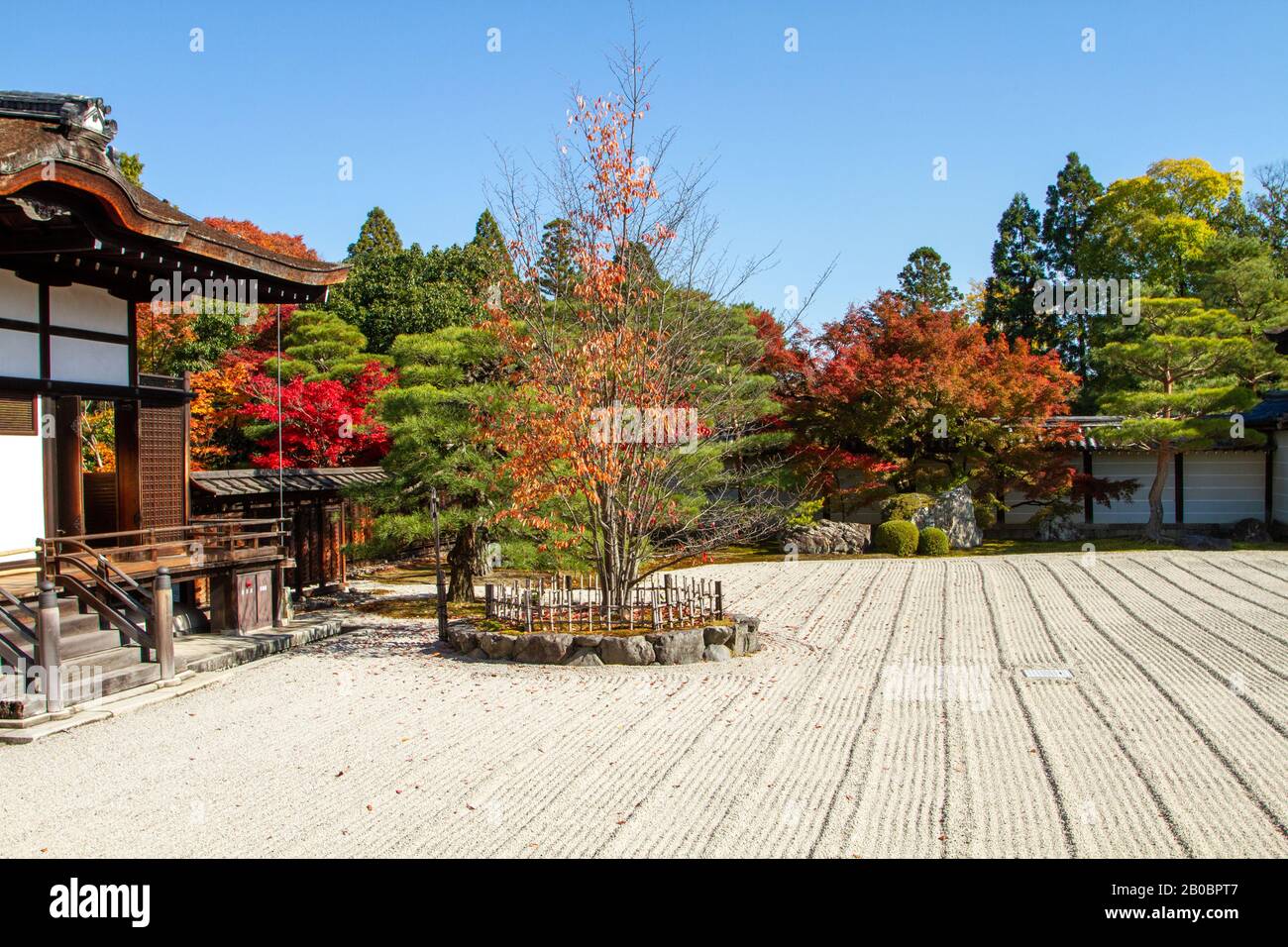 Japan, Kyoto, Ryoan-Ji Zen Buddhist temple, View of the dry rock garden ...
