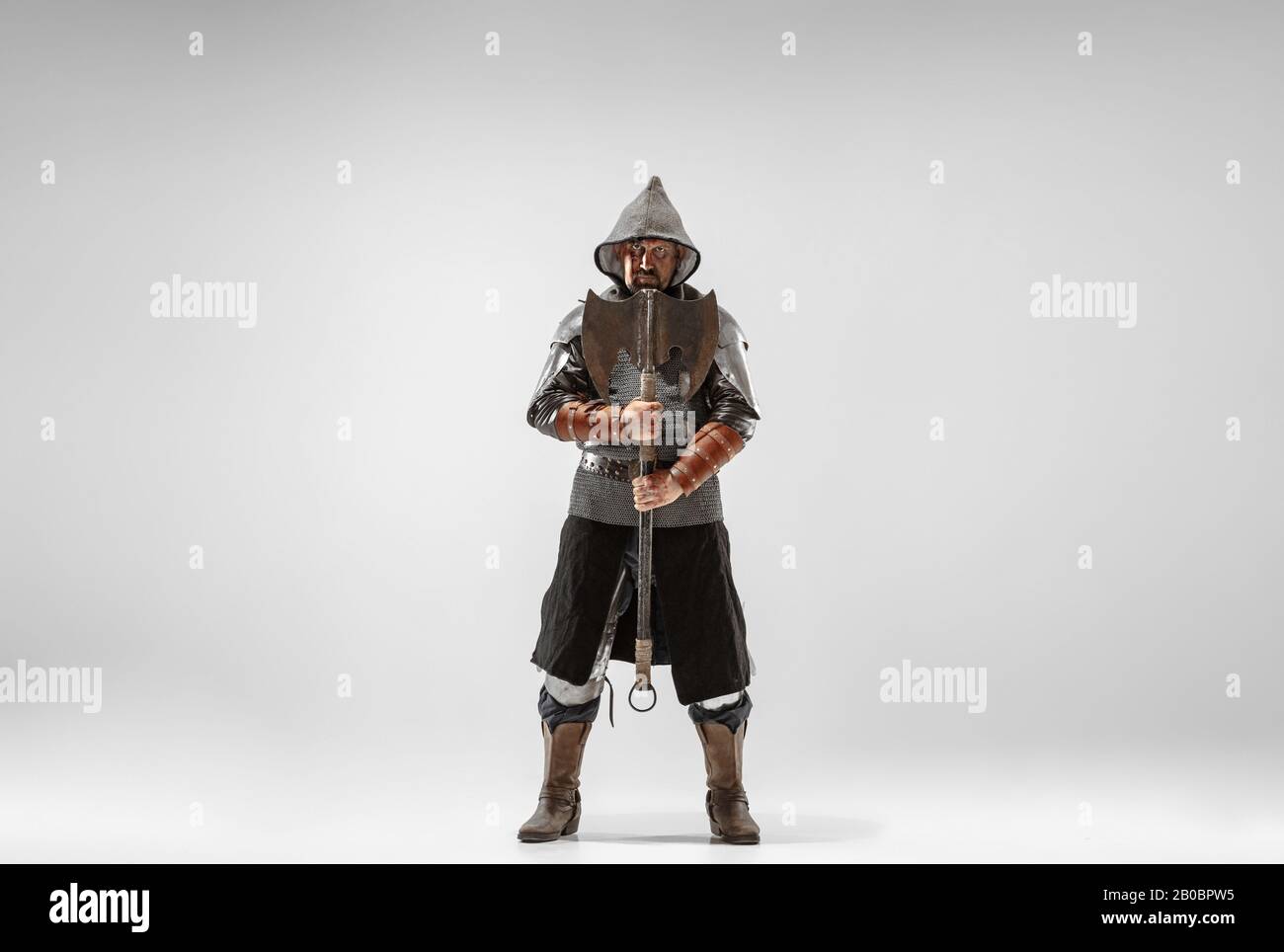 Brave armored knight with professional weapon fighting isolated on ...