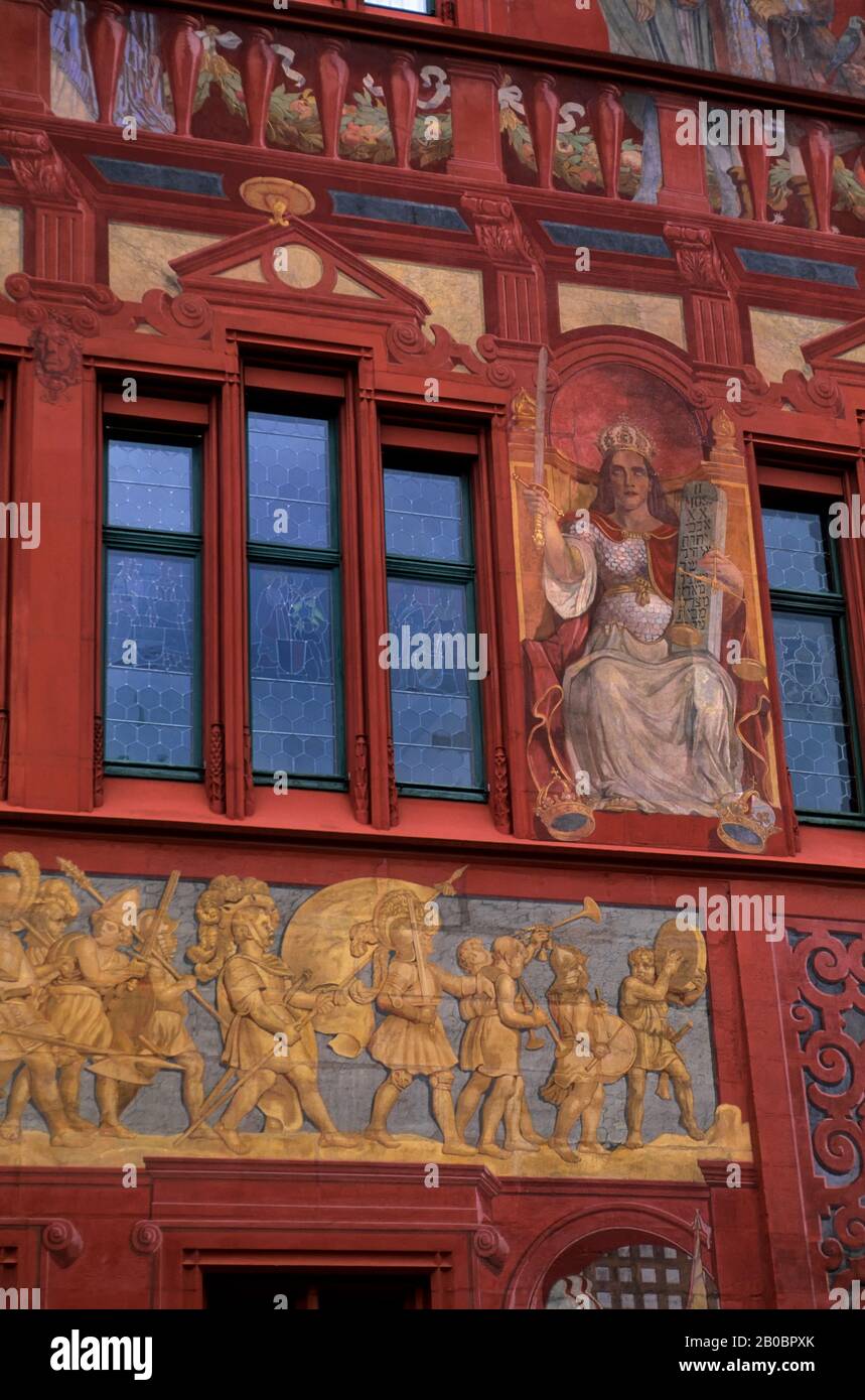 SWITZERLAND, BASEL, TOWN HALL, DETAIL OF PAINTED FACADE, WINDOWS Stock ...