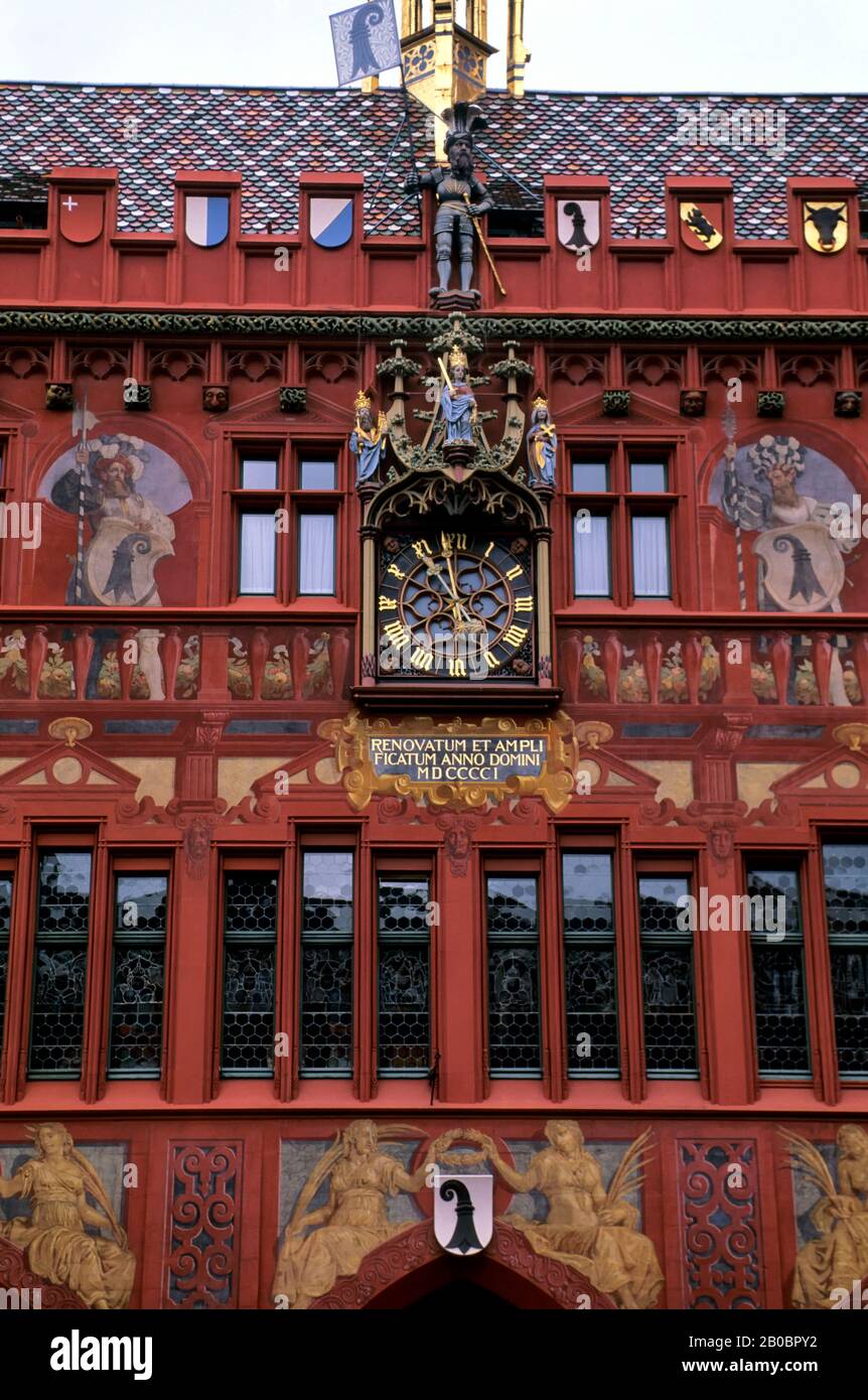 SWITZERLAND, BASEL, TOWN HALL, DETAIL OF PAINTED FACADE WITH CLOCK ...