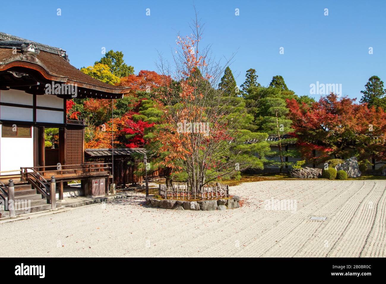 Japan, Kyoto, Ryoan-Ji Zen Buddhist temple, View of the dry rock garden ...