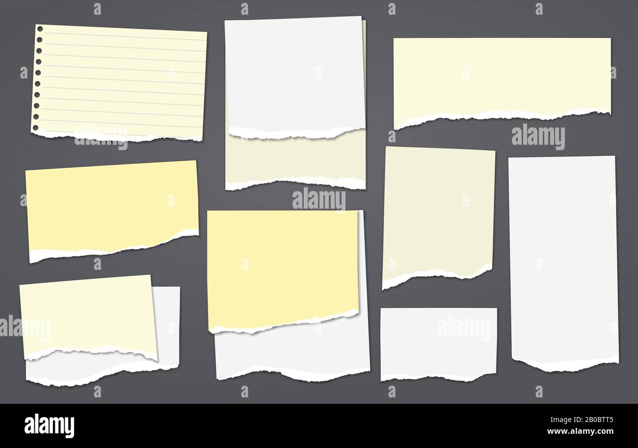 Set of torn white and yellow note, notebook paper strips and pieces ...