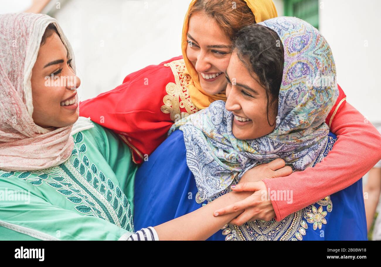 Young islamic friends having fun outdoor - Happy arabian friends ...