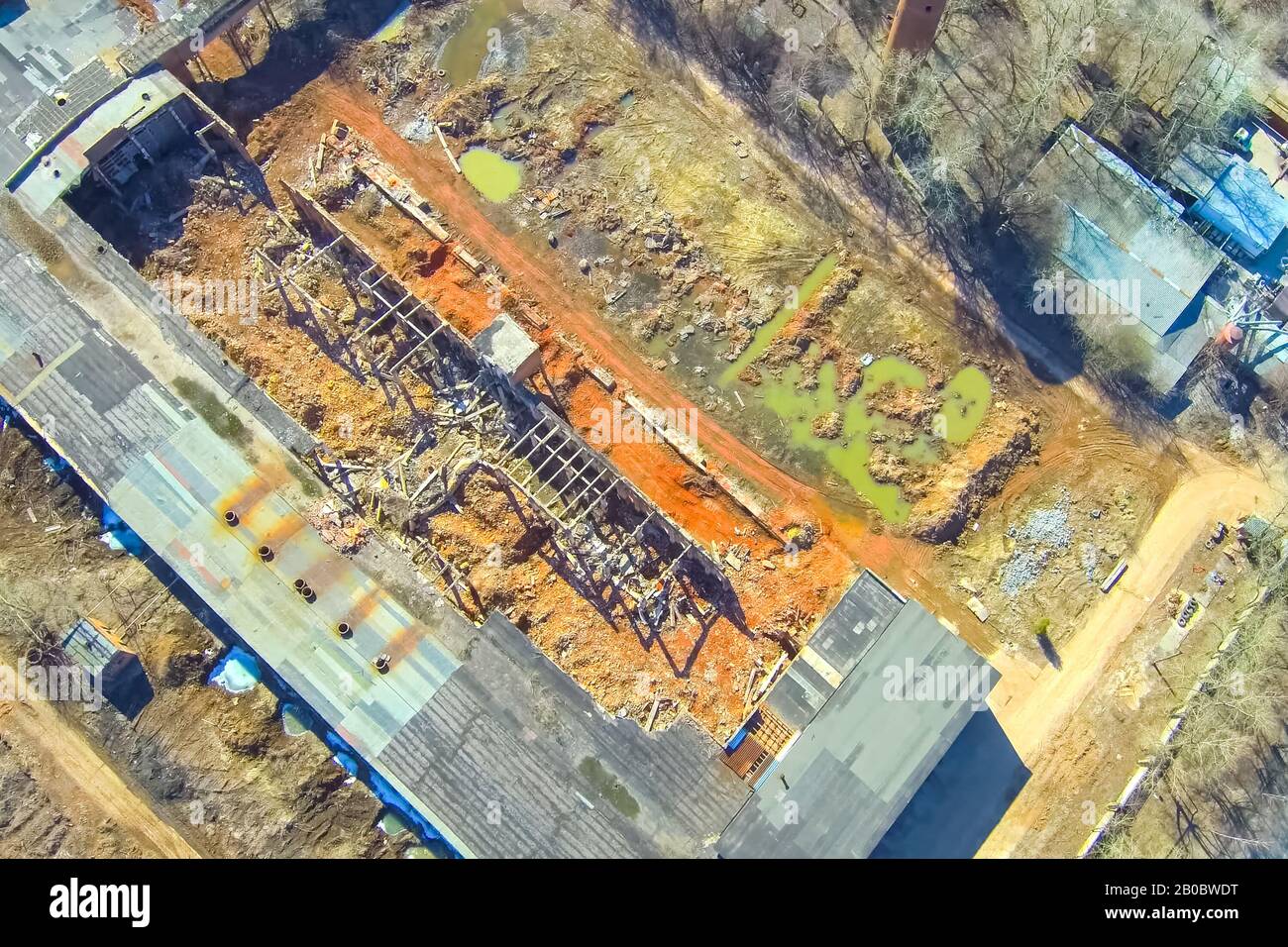 Top view of an old abandoned brick factory. Destroyed industrial ...