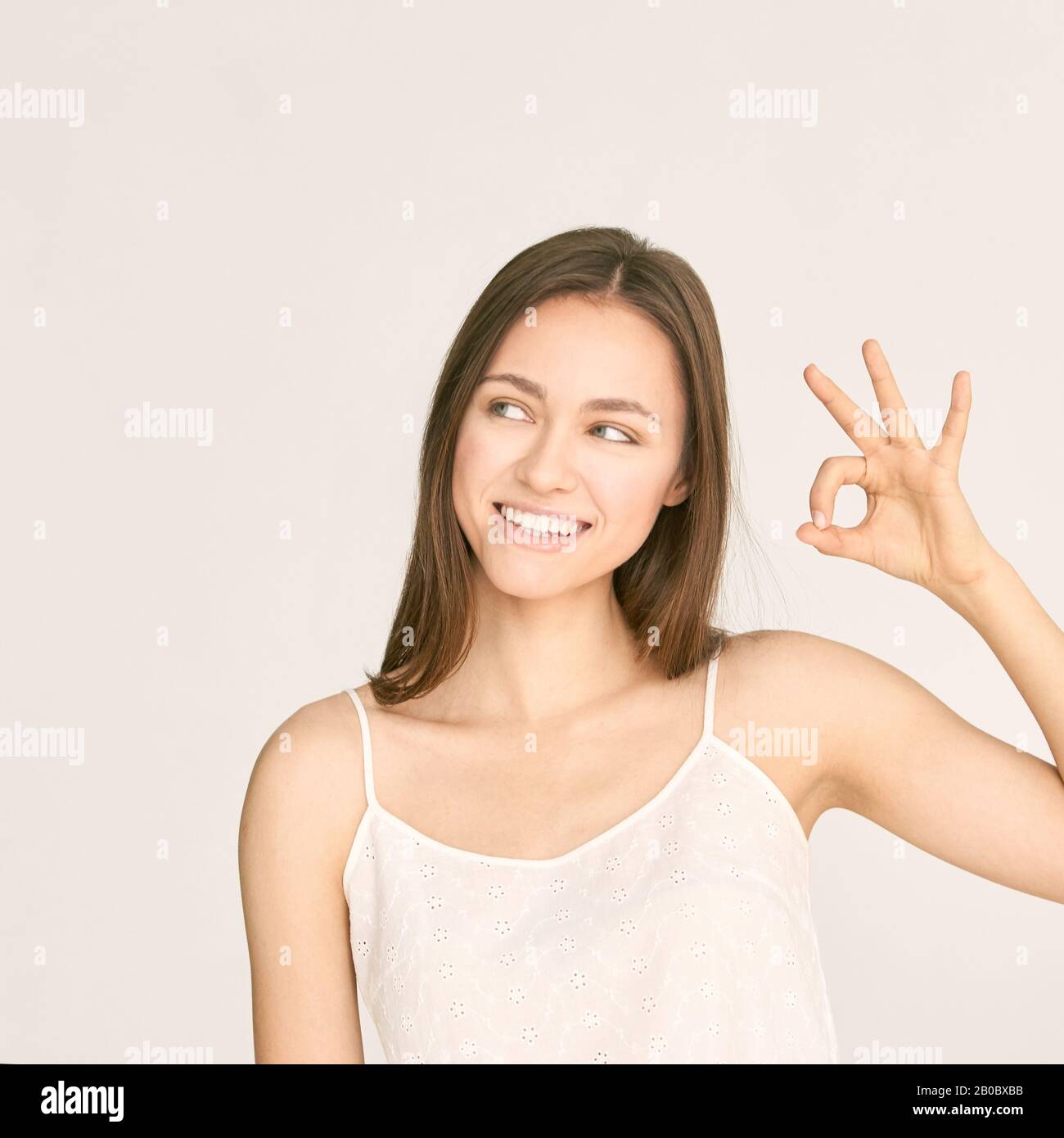 Young beauty girl sign ok. Zero gesture woman smile portrait. Female ...