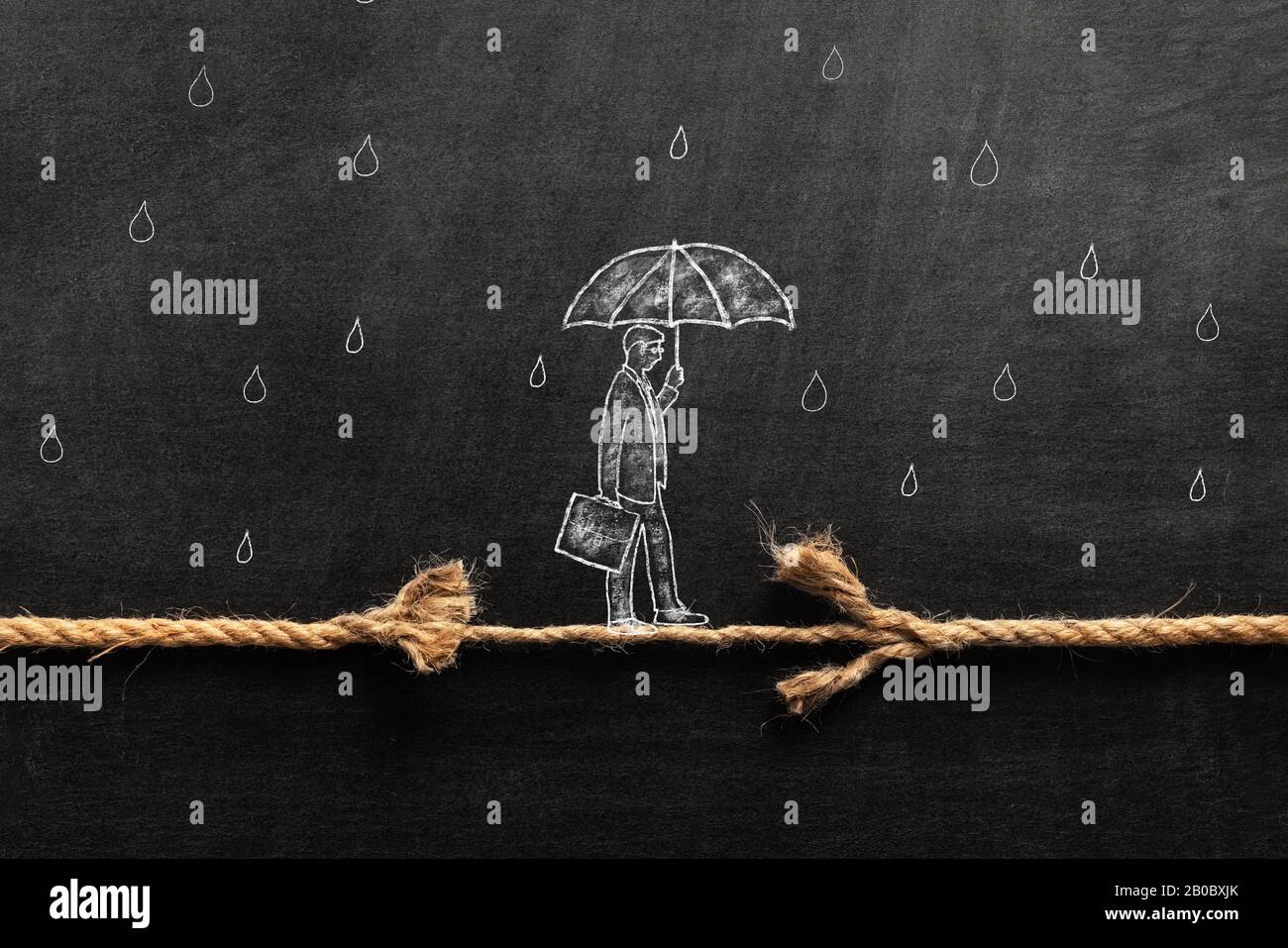 Illustrated businessman is walking on a thiny and frayed rope ...