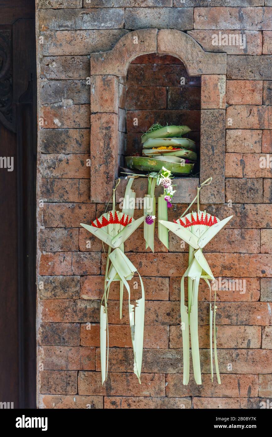 Balinese Hindu weaved altar decoration lamak and gantung-gantungan for ...