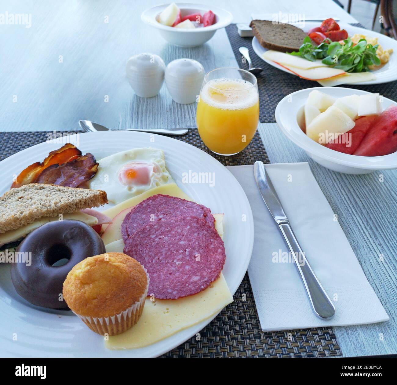 Breakfast table in hotel. Travel abstract breakfast photo Stock Photo ...