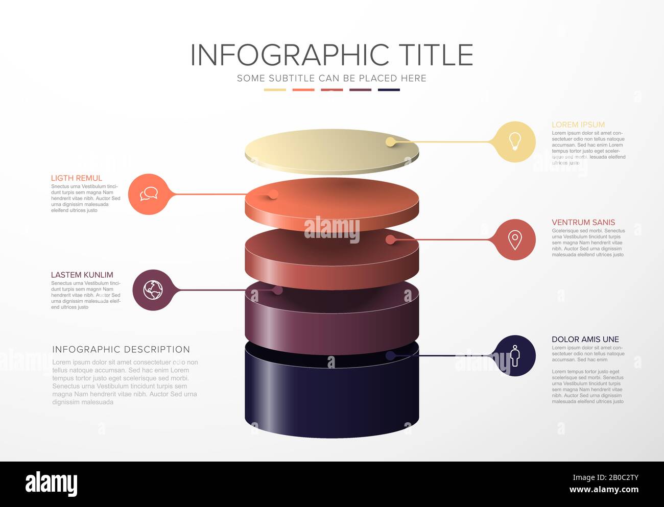 Vector Infographic layers template with five circle levels for material structure - yellow red ...