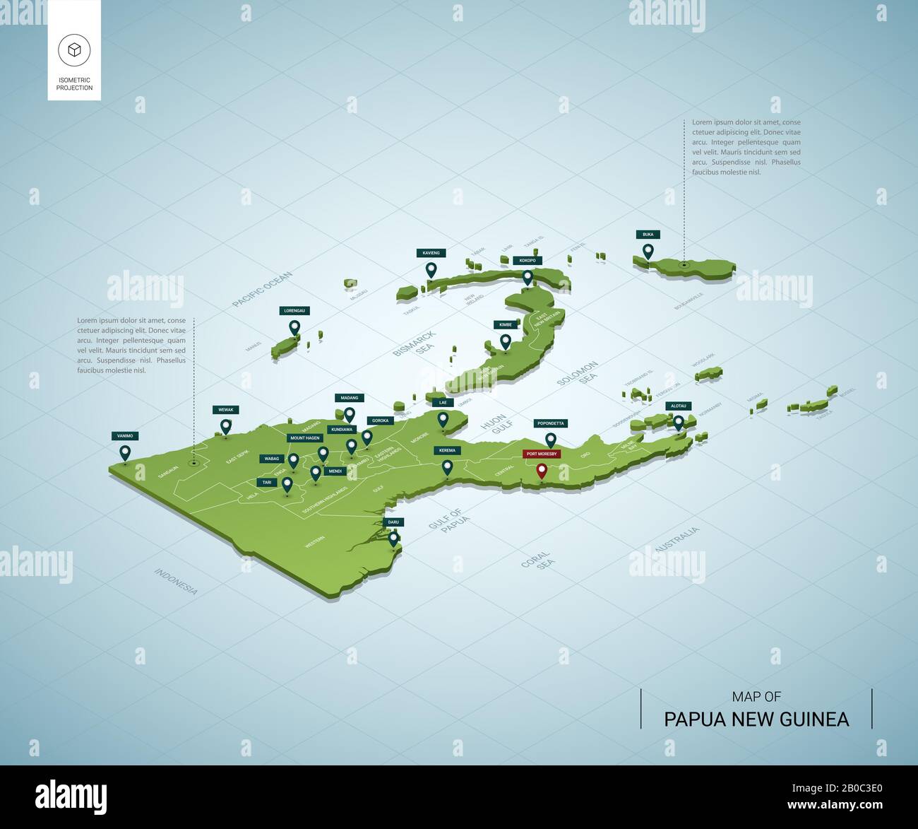 Stylized map of Papua New Guinea. Isometric 3D green map with cities ...