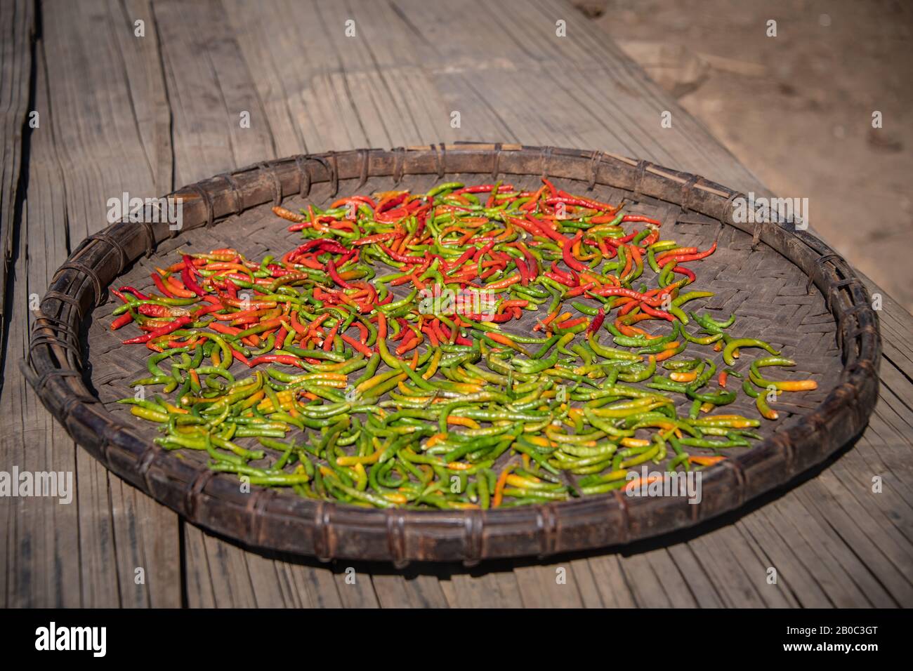 Red and green chilli peppers sun drying in a bamboo basket Stock Photo ...