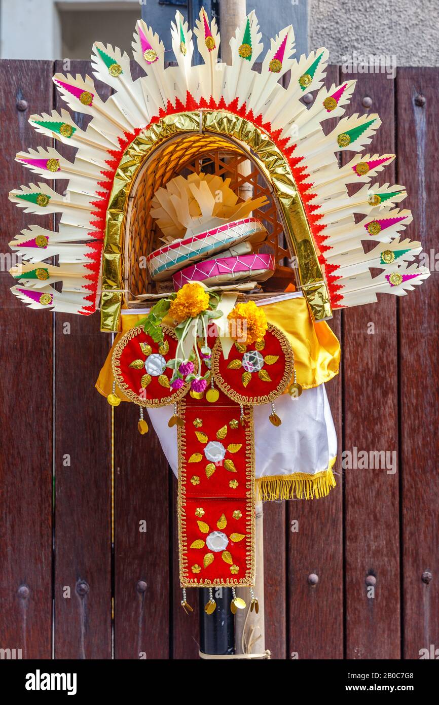 Balinese Hindu weaved altar decoration lamak and gantung-gantungan for ...