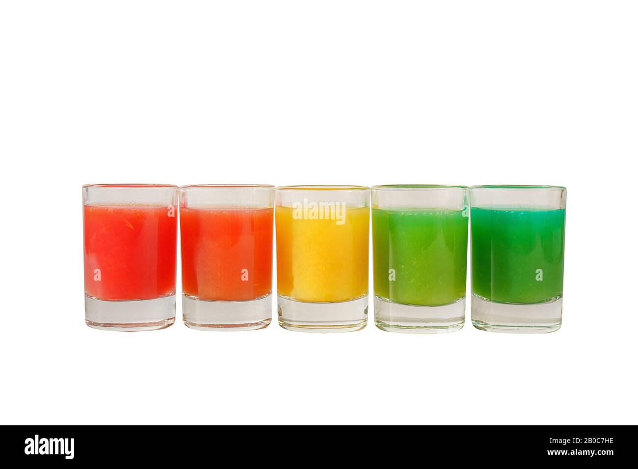 Multicolored opaque cocktails, a set of shots in one row, five servings ...