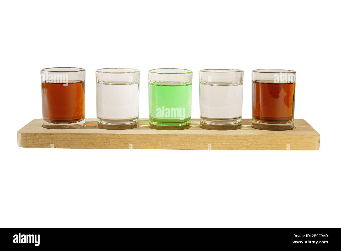 Multicolored transparent cocktails, a set of shots in one row, five ...