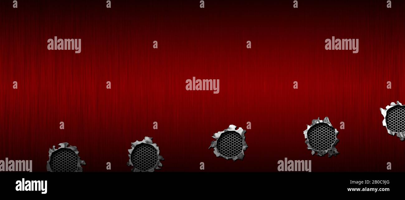 bullet hole on red metallic mesh and metal background textured. 3d ...
