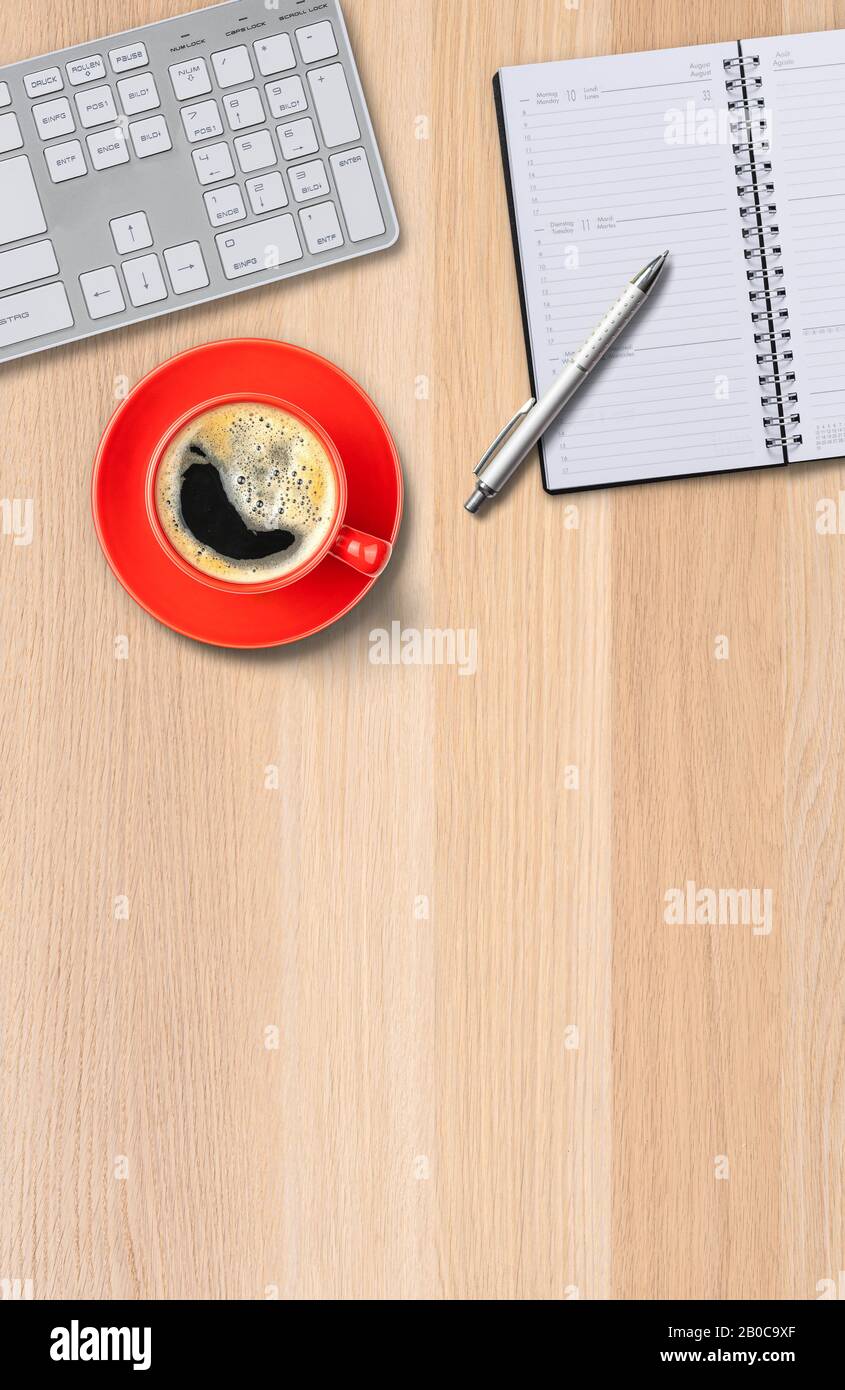 Top view of a wooden desk with copy space on the bottom Stock Photo - Alamy