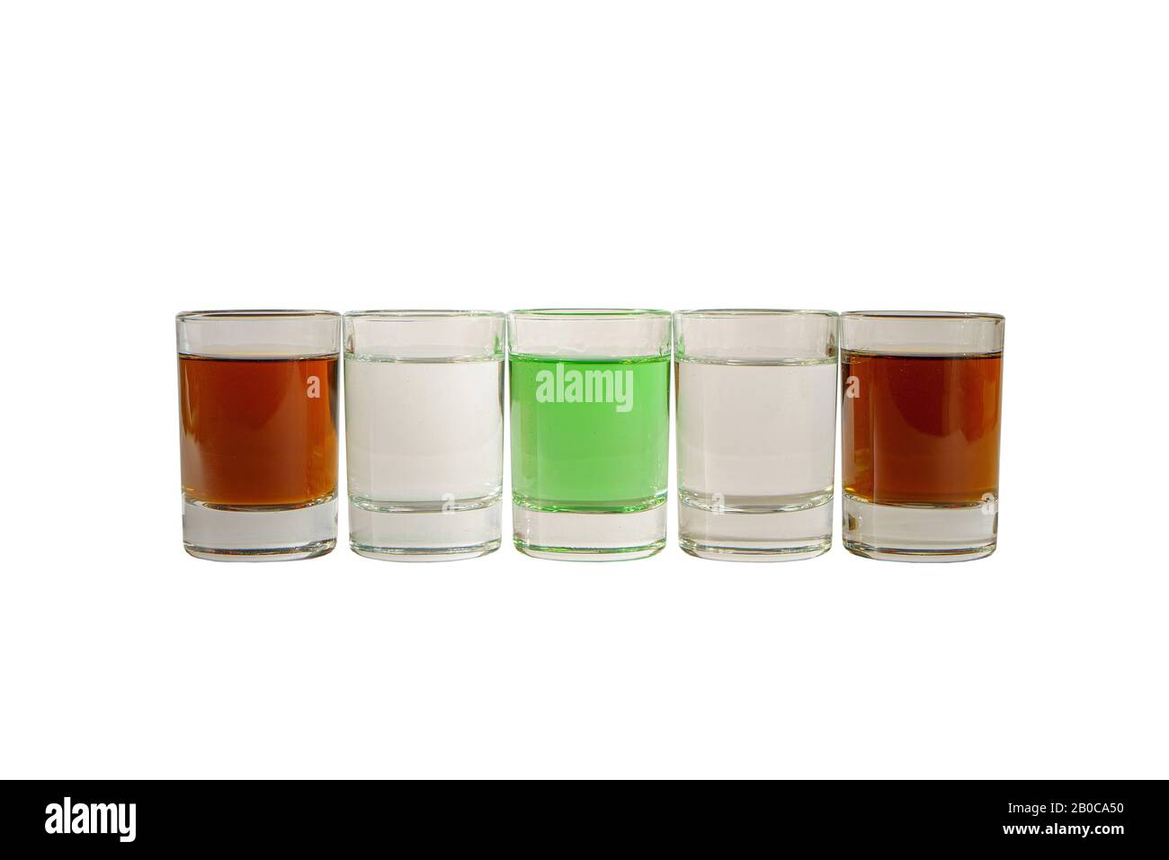 Multicolored transparent cocktails, a set of shots in one row, five ...