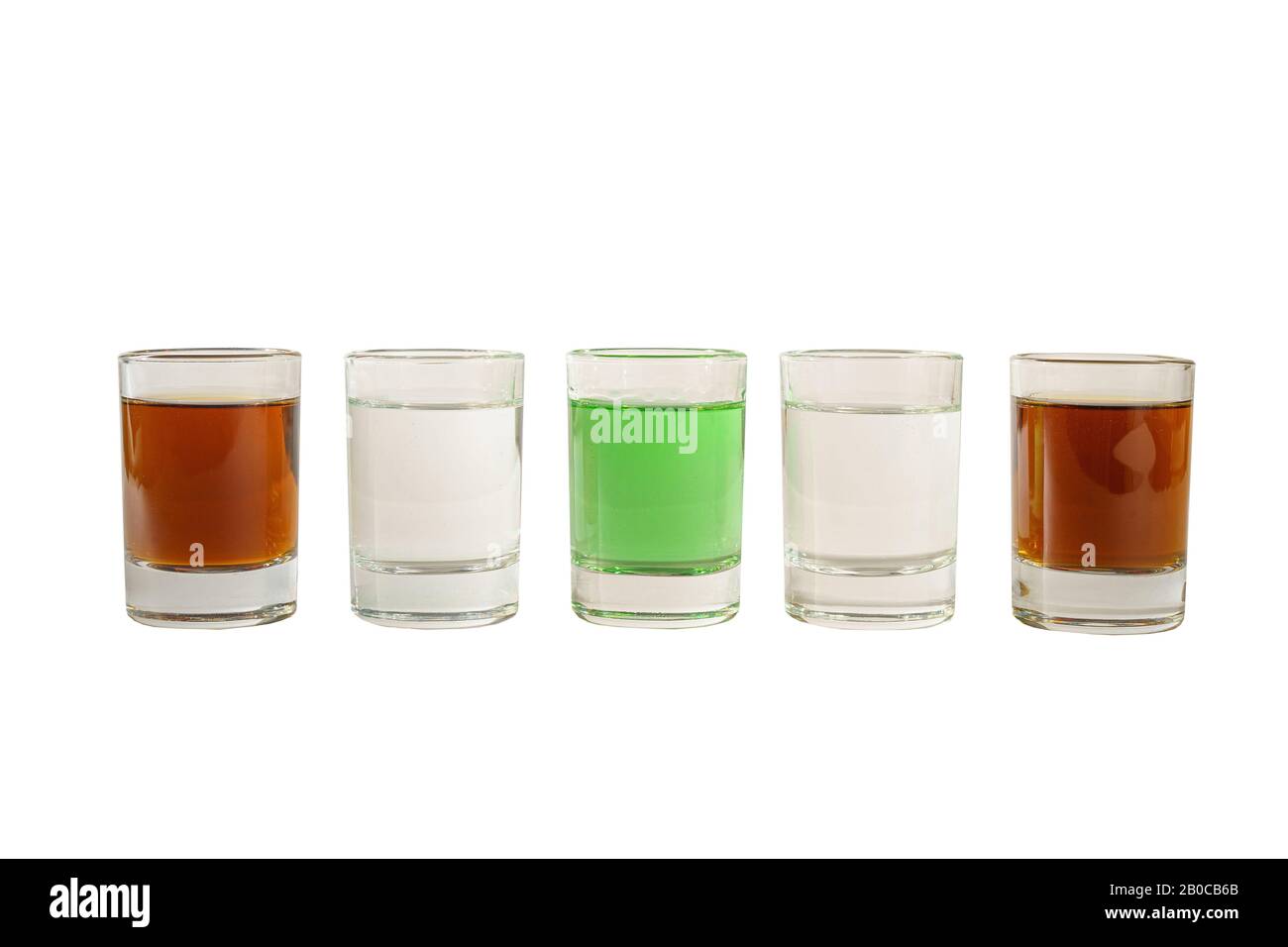 Multicolored transparent cocktails, a set of shots in one row, five ...