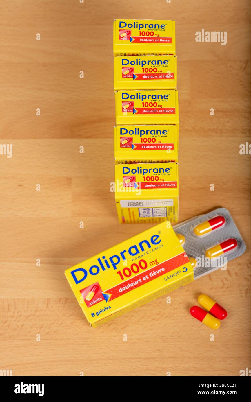 Paris, France - January 2020 : Box of doliprane, a paracetamol-based ...