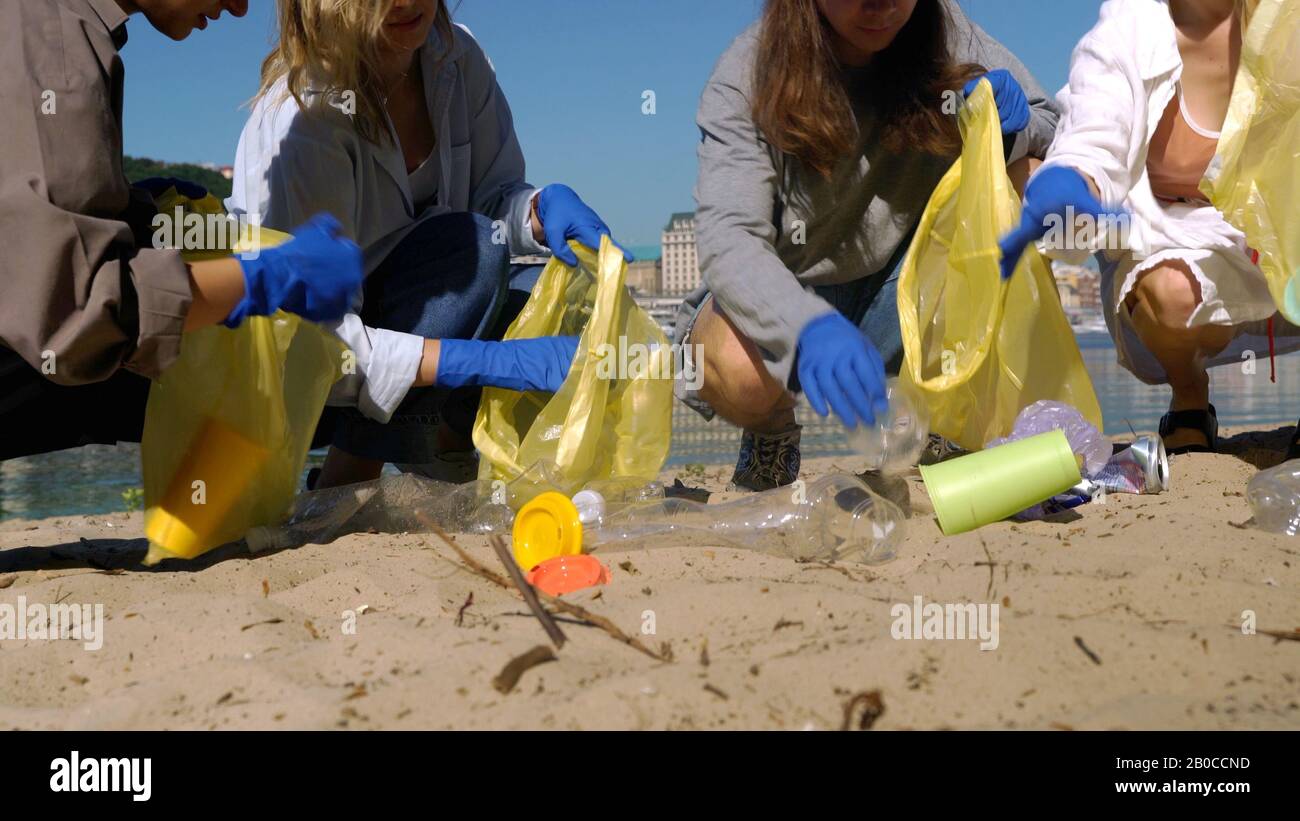 Group of activists friends collecting plastic waste on the beach ...