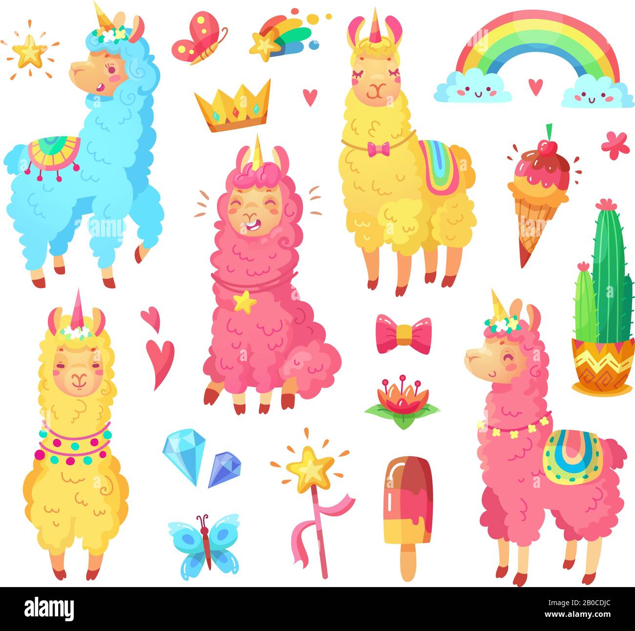 Funny mexican smiling alpaca with fluffy wool and cute rainbow llama ...