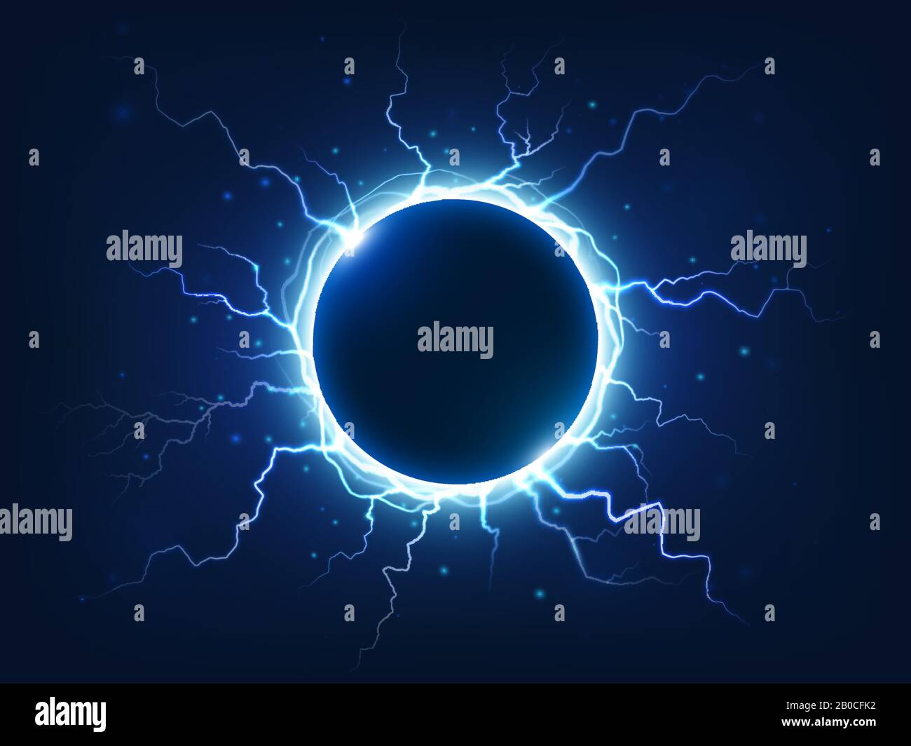 Spectacular thunder and lightning surround blue electric ball. Power ...