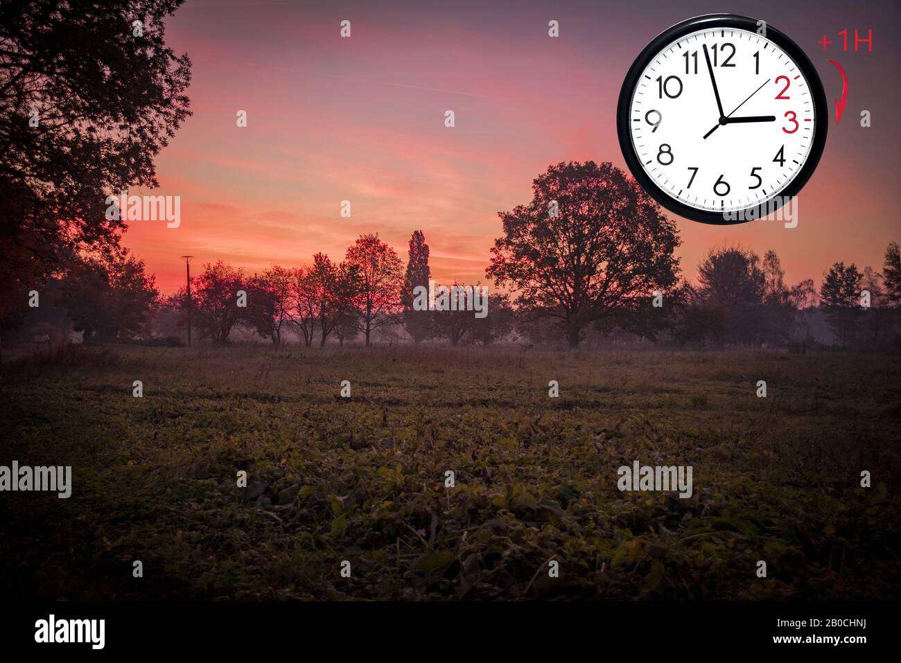 Daylight Saving Time (DST). Blue sky with white clouds and clock. Turn ...