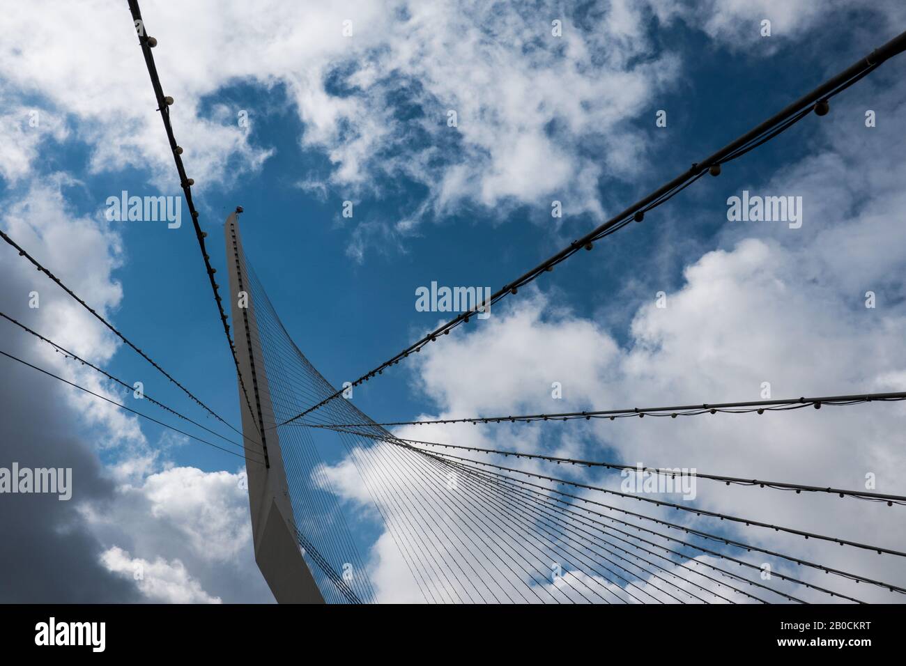 An upwards view of the mast of the Chords Bridge in Jerusalem, designed ...