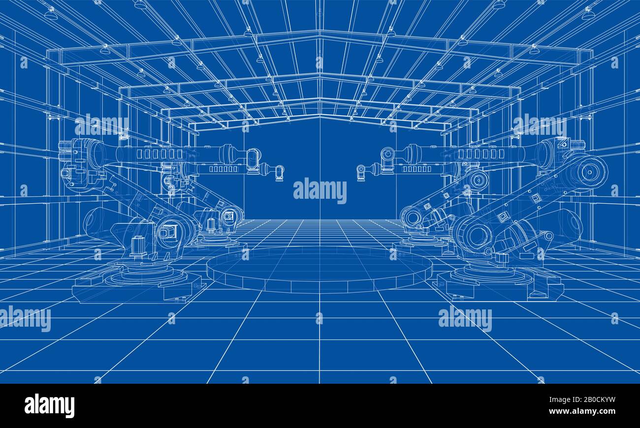 A plant with industral robots manipulators. Blueprint style. Vector ...
