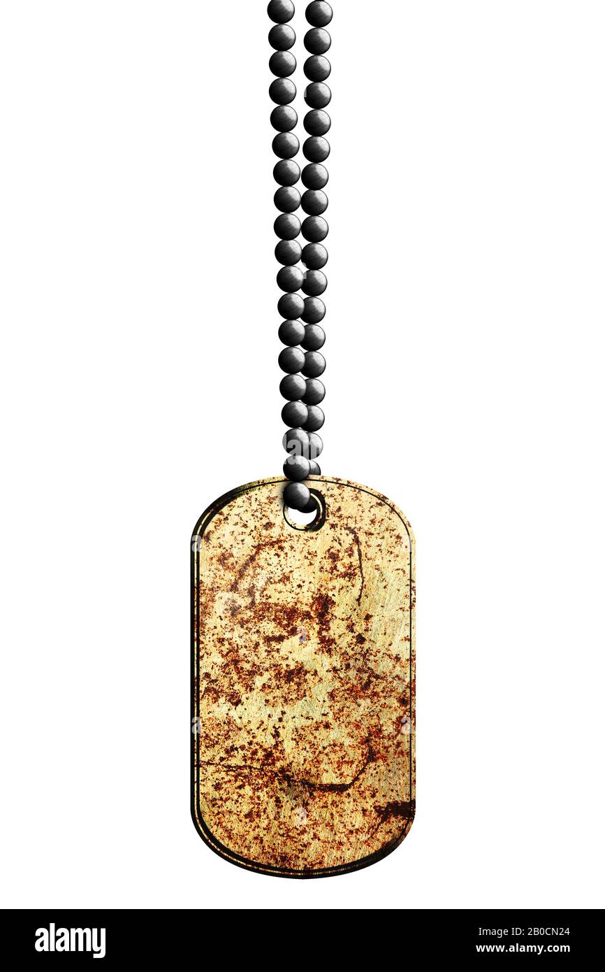 rusty metal tag and necklace. isolated with clipping path. 3d ...