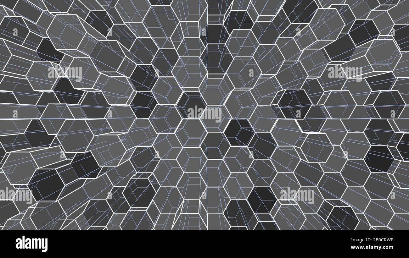 Abstract background of colorful outline hexagons. 3D illustration. Wire ...