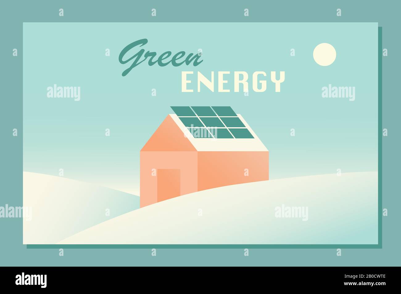 Green energy lettering and cottage house with solar panels on roof and ...