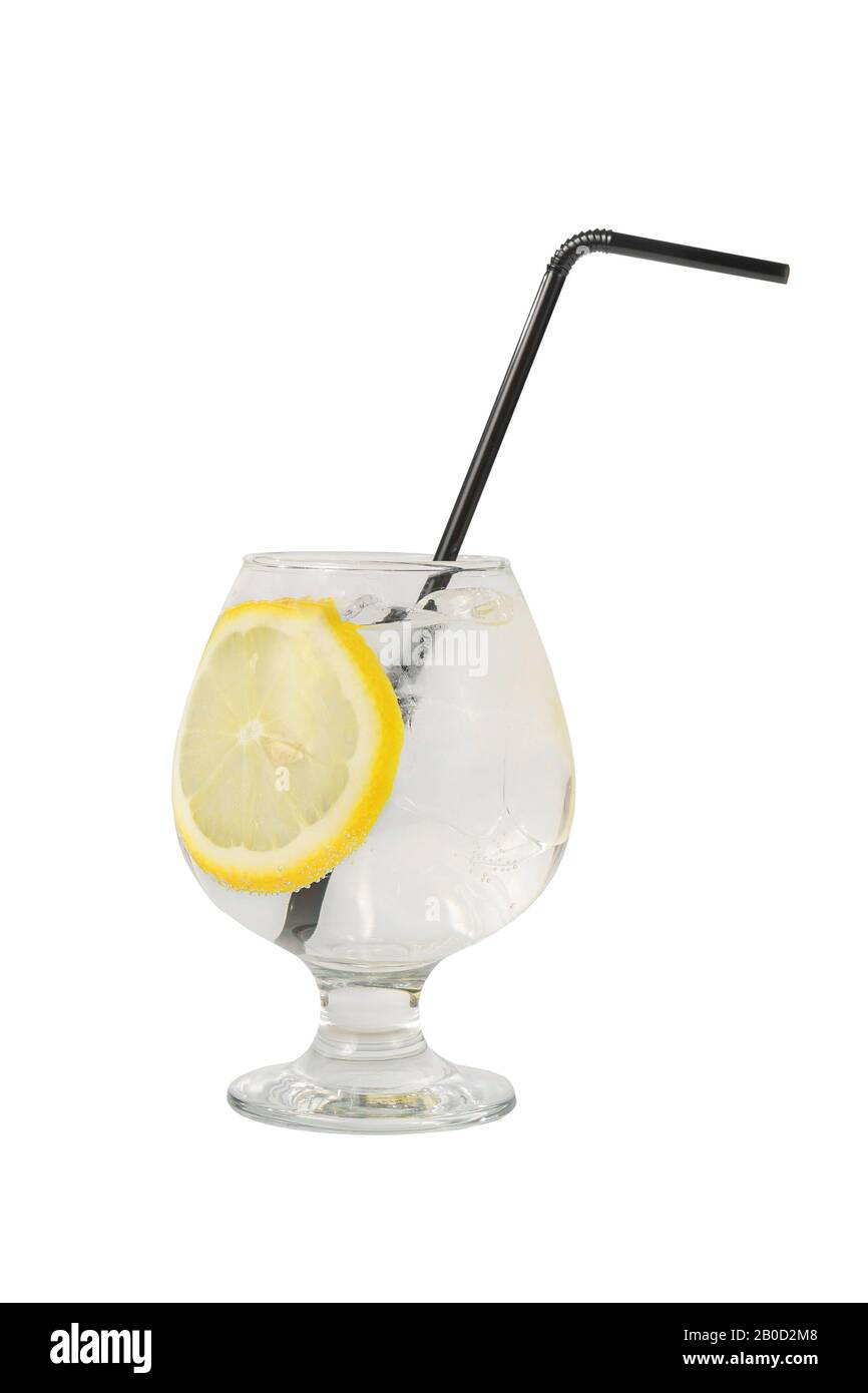 Transparent cocktail, refreshing water in a low glass with ice cubes, straw, and a round slice ...