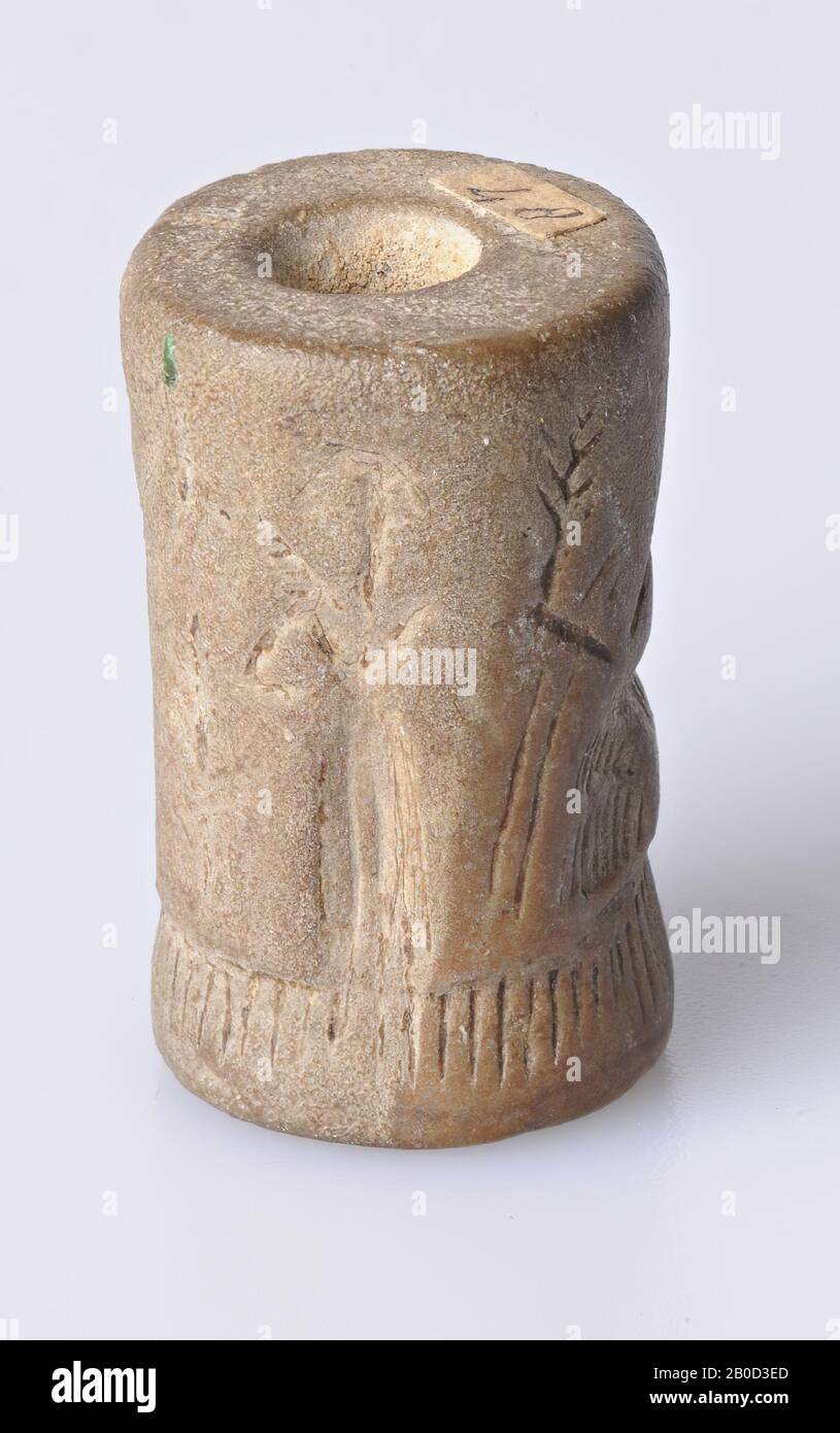 Vz: seated god with branch and 2 characters in a boat, coil seal ...