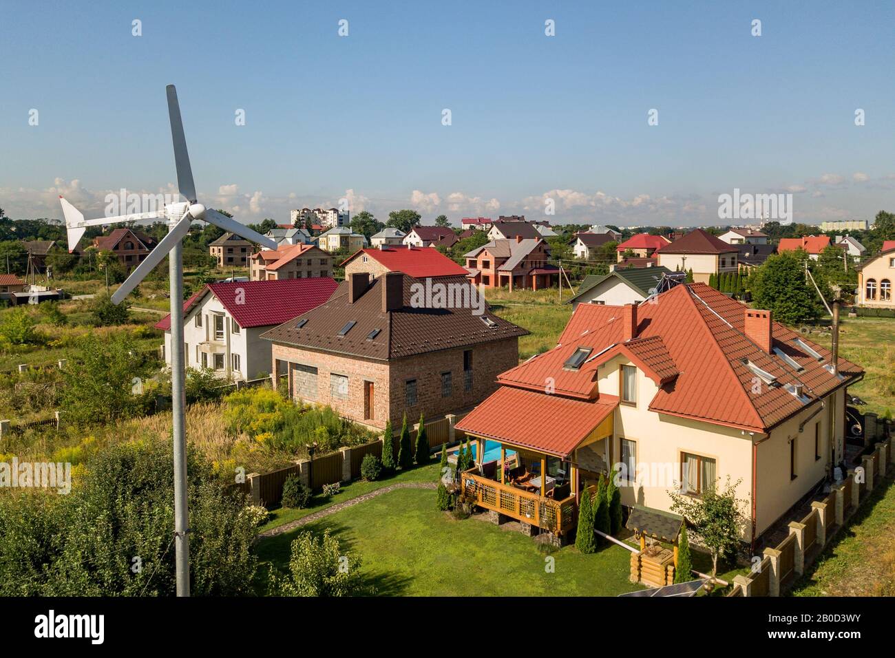 Aerial view of a new autonomous house with solar panels, water heating ...