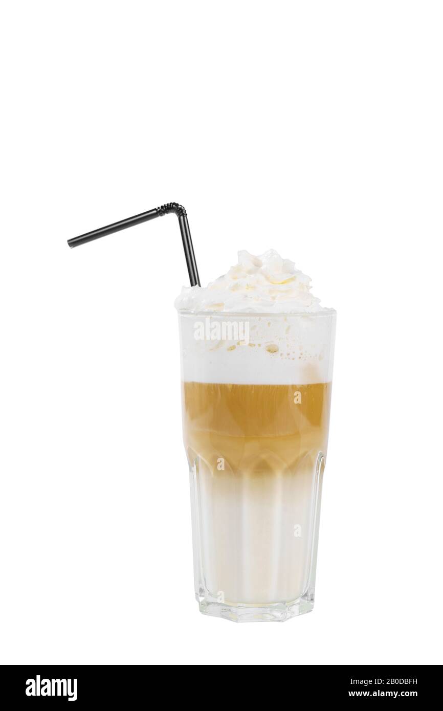 A multi-colored, two-layer opaque cocktail in a tall glass with chopped ...