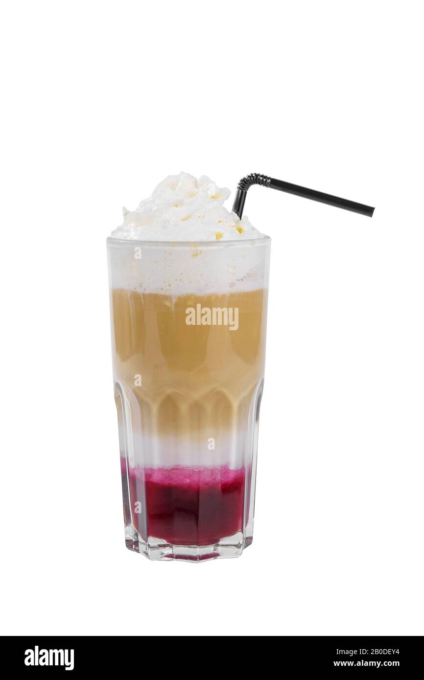 Layered opaque cocktail of coffee, cocoa, milk, whipped cream and berry ...