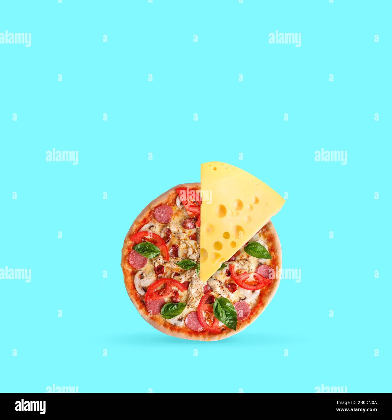 Double cheese. Pizza with tomatos and spices with big cheesy peace on ...