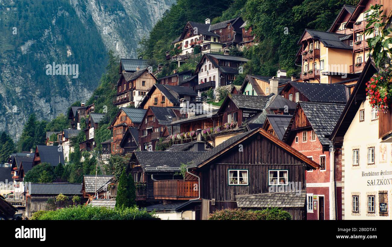 Hallstatt/Austria - August 2019: Old wooden houses of the Hallstatt ...