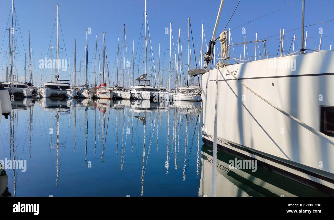 Athens, Greece. February 9, 2020. Anchored yachts with masts at Alimos ...
