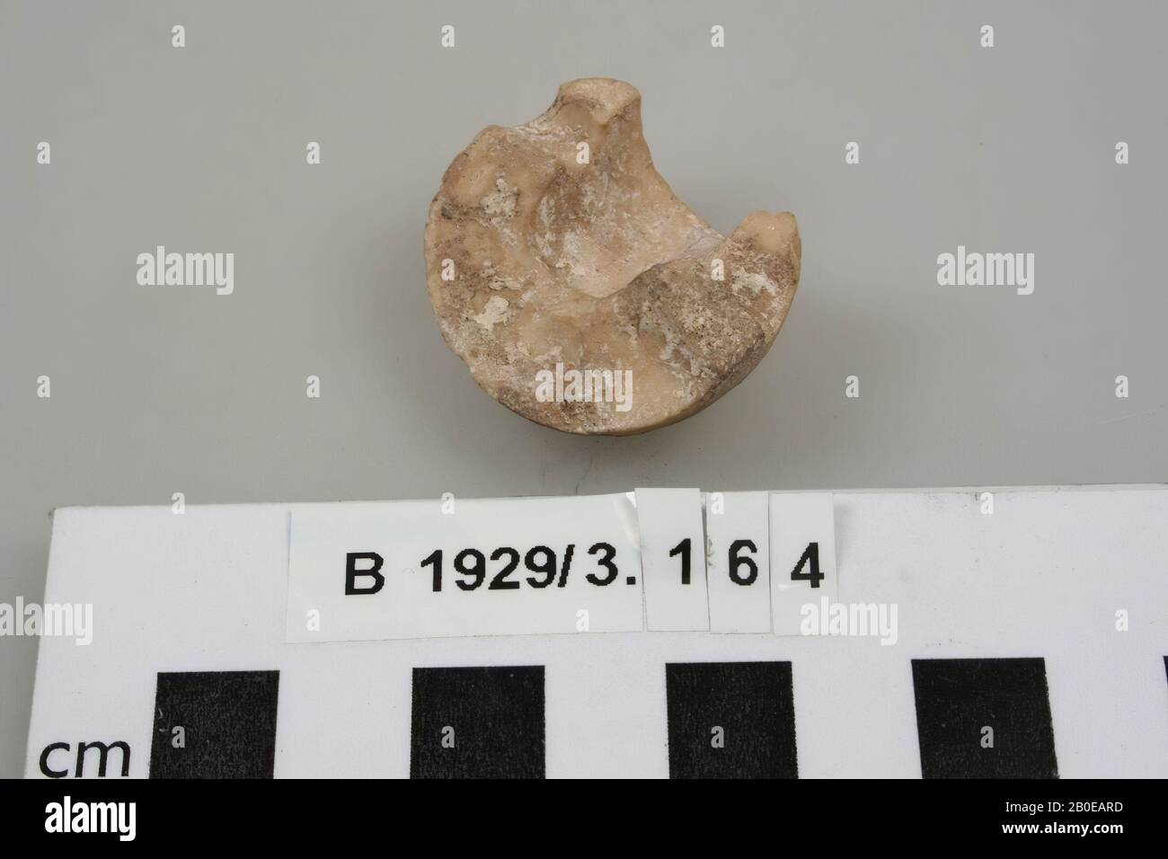 A fragment of a hollowed out, round alabaster object with two holes ...