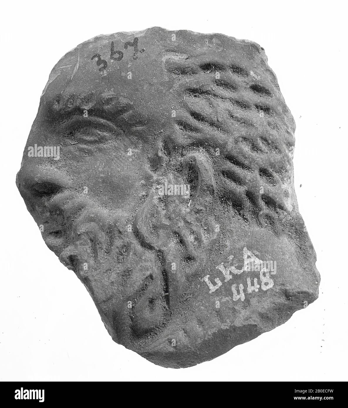 Fragment of a brown-burned oil lamp. The concave mirror is decorated ...