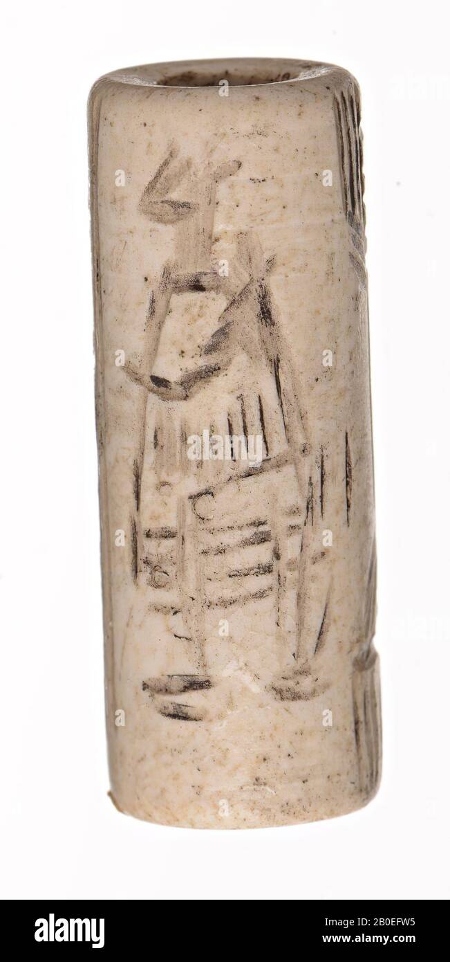 A stone cylinder seal with two standing figures separated from a group ...