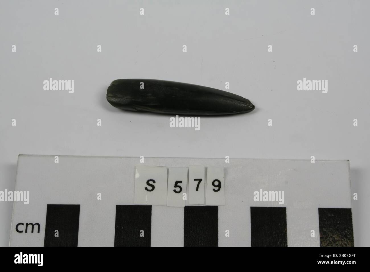 An elongated ground stone chisel with one pointed end. The other end is ...