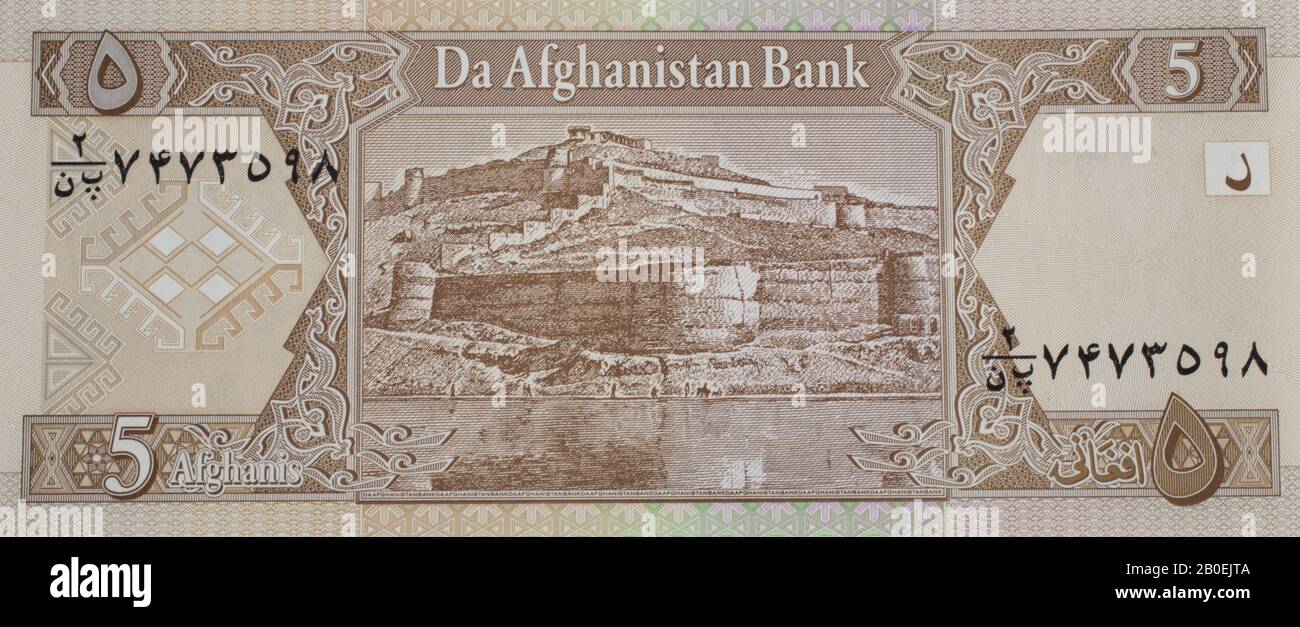 An Afghanistan Bank note - 5 Afghanis featuring Bala Hissar Stock Photo ...